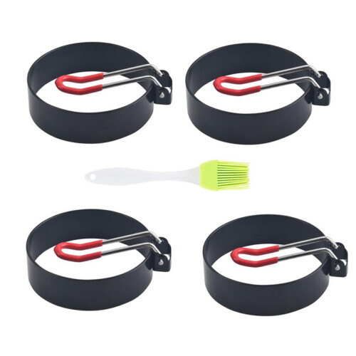 4 Pcs Round Egg Pan Ring Non-Stick Heat-Resistant Handle and Oil Brush ...