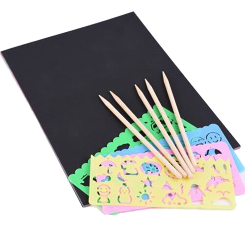 100 Sheets Scraping Painting Kids DIY Craft Drawing Rainbow Color Paper Card Set with Stencils ...