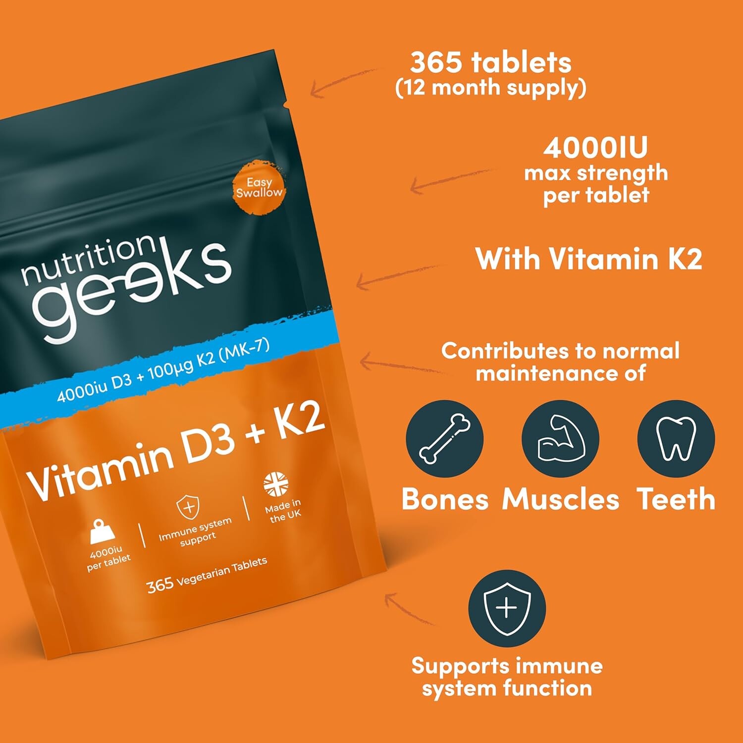 Nutrition Geeks Vitamin D3 4000 iu & Vitamin K2 MK7 100μg 365 Easy ...