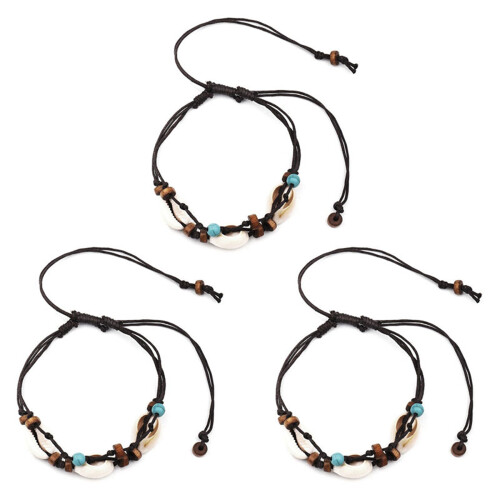 3X Boho Natural Sea Shell Stone Anklets for Women Wood Bead Seashell ...