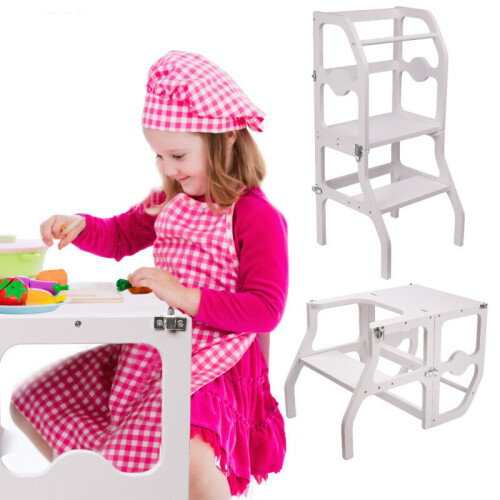 (White) 2 in 1 Kids Children Kitchen Step Stool Helper with Safety Rail ...