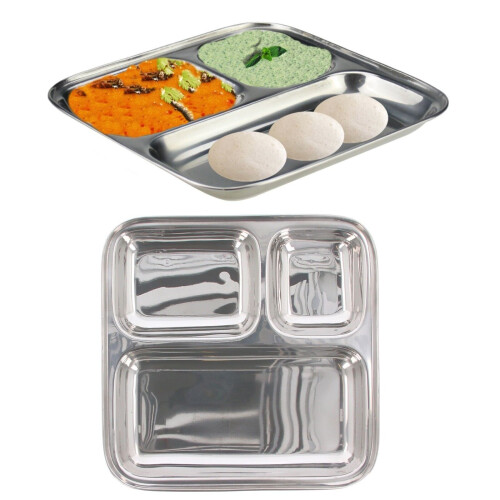 (Single - 25x25cm) Stainless Steel Thali 3 Compartment Indian Food ...