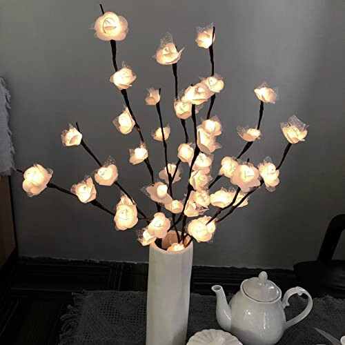 2 Pack White Rose LED Twig Lights Lighted Artificial Lace Rose Flower ...