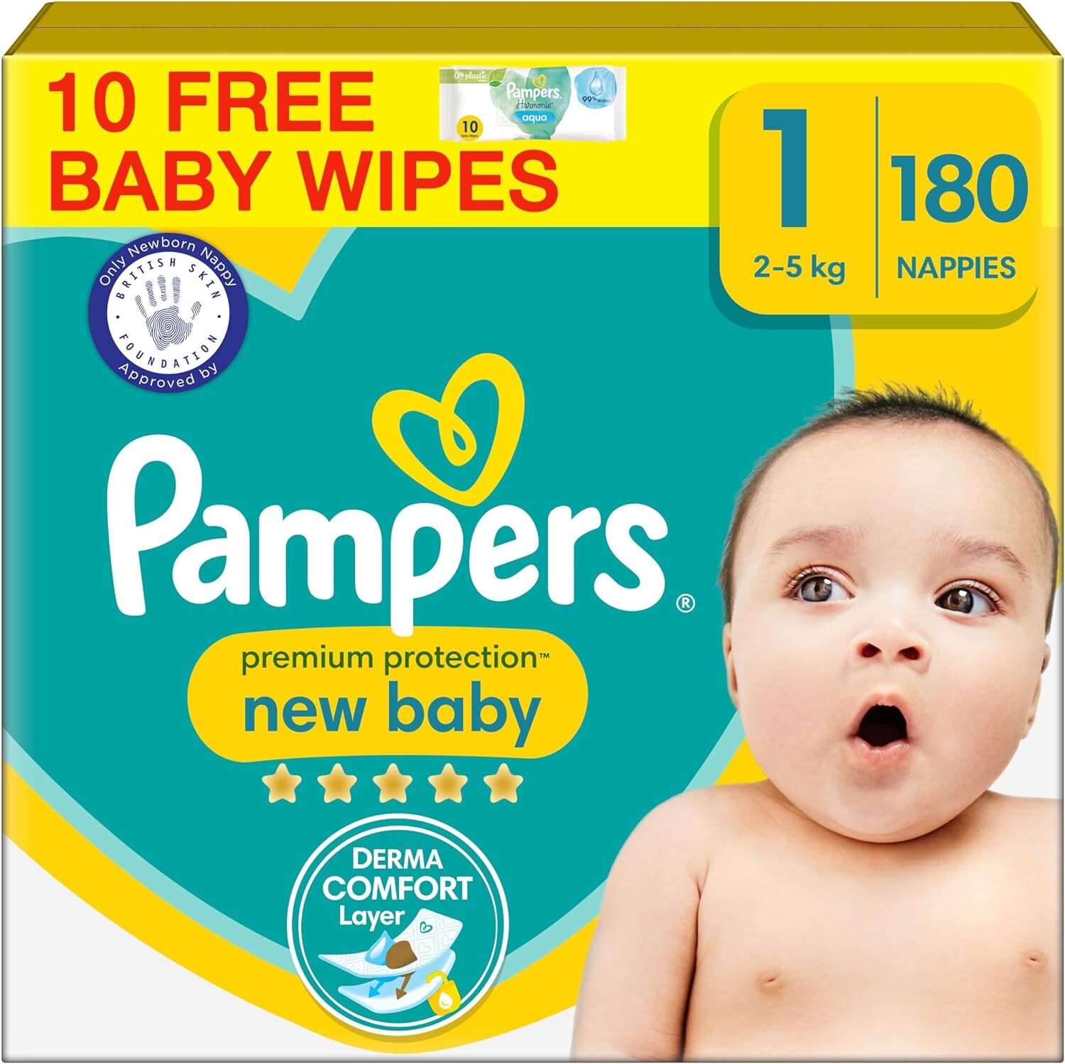 Pampers Premium Protection New Baby Size 1, 180 Nappies, 2kg-5kg, Monthly Pack + Pampers ...