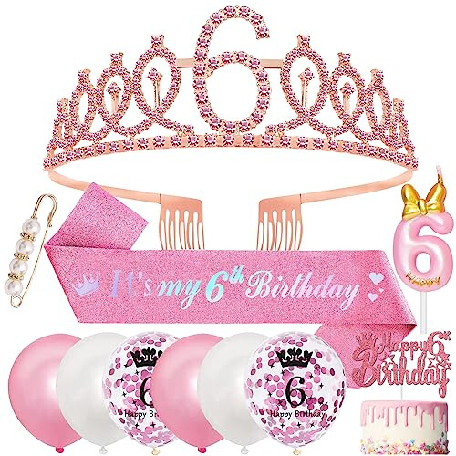 6th Birthday Decorations, 6th Birthday Sash and Tiara Girls Birthday Presents,Birthday Crown ...