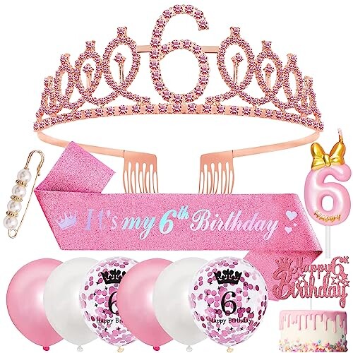 6th Birthday Decorations, 6th Birthday Sash and Tiara Girls Birthday Presents,Birthday Crown ...