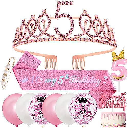 5th Birthday Decorations,5th Birthday Sash and Tiara 5 Year Old Girls ...
