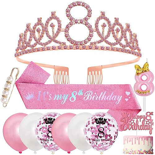 8th Birthday Decorations,8th Birthday Sash Birthday Tiara Birthday Decoration for Girls,Birthday ...