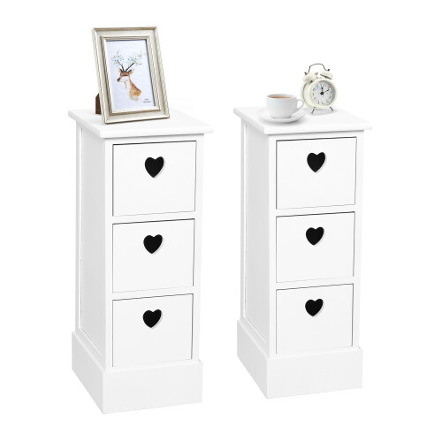 3 Drawer Bedside Table Set of 2, White Storage Cabinet with 3 Heart ...