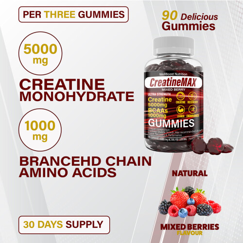 Creatine MAX 90 Gummies 5000mg Creatine Monohydrate, 1000mg BCAAs per ...