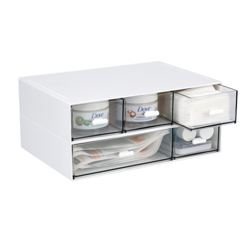 Desktop Organiser with 5 Drawers, Stackable Plastic Storage Box on Desk ...