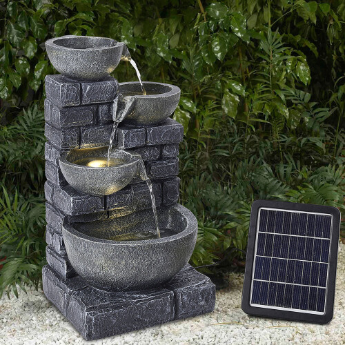 Grey Rustic Resin Rock Water Fountain with LED Lights and Solar Panel ...