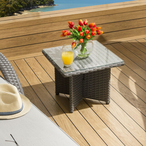 Luxury Outdoor Garden Square End Coffee Table Grey Rattan Clear Glass ...