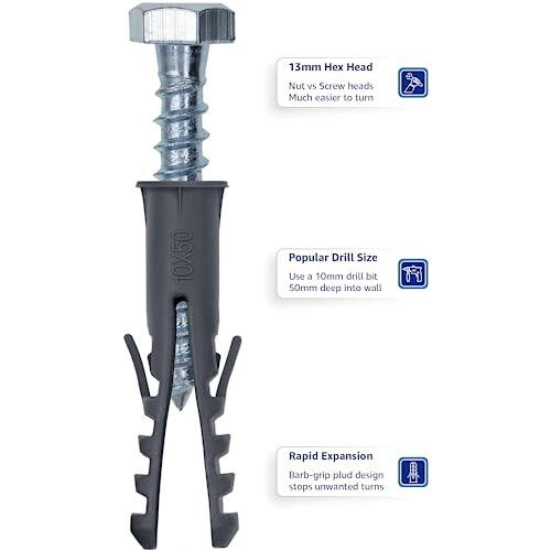 6 x M10 x 50 mm Strong Galvanised Satellite Anchor Nylon Mungo Wall ...