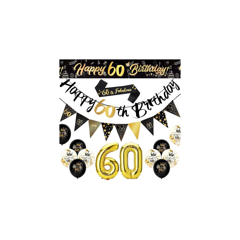 60th Birthday Decorations Kit, Black Gold Happy 60th Birthday Banner ...