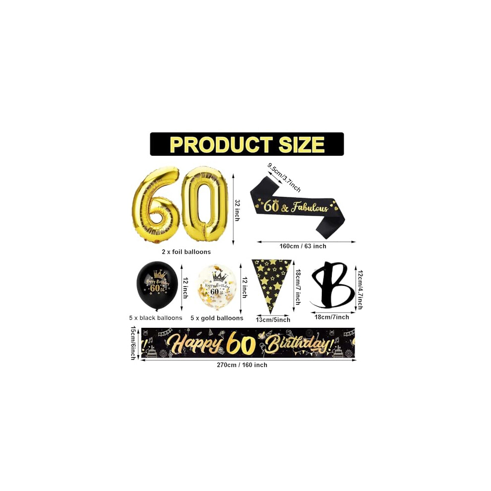 60th Birthday Decorations Kit, Black Gold Happy 60th Birthday Banner ...