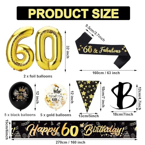 60th Birthday Decorations Kit, Black Gold Happy 60th Birthday Banner ...