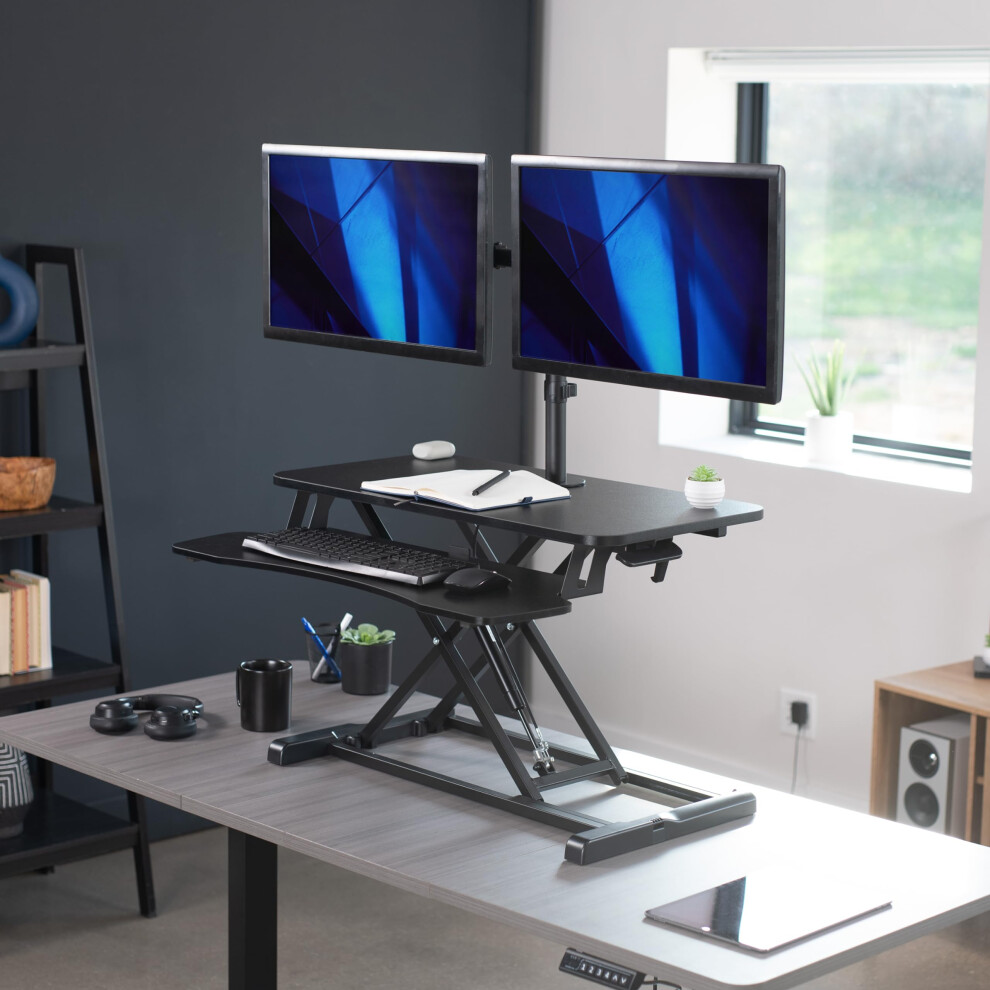 VIVO Height Adjustable 81 cm Standing Desk Converter with Dual 13 to 30 inch Monitor Stand Sit Stand Monitor Mount and Desk Riser Black on OnBuy