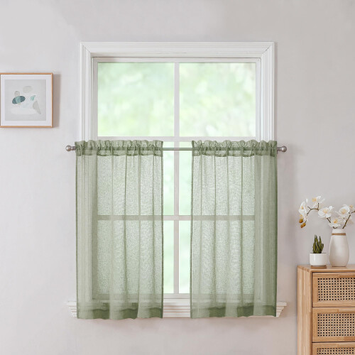Chyhomenyc Dianna Sheer Sage Green Kitchen Curtains 24 inch Length, Faux Linen Textured Soft ...