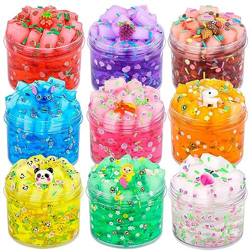 9 Pack Jelly Cube Fluffy Slime Kit Party Favor, Crunchy Clear Glitter ...