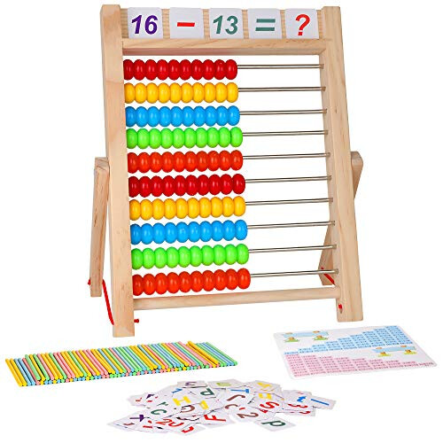Kids Learning Toy, 10-Row Wooden Frame Abacus with Multi-Color Beads ...