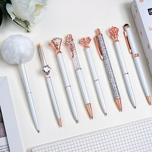 WEMATE 8PCS White Ballpoint Pens Set Metal Crystal Diamond Pen Fancy ...