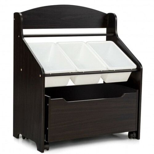 Kids Wooden Toy Storage Unit Organizer with Rolling Toy Box and Plastic ...