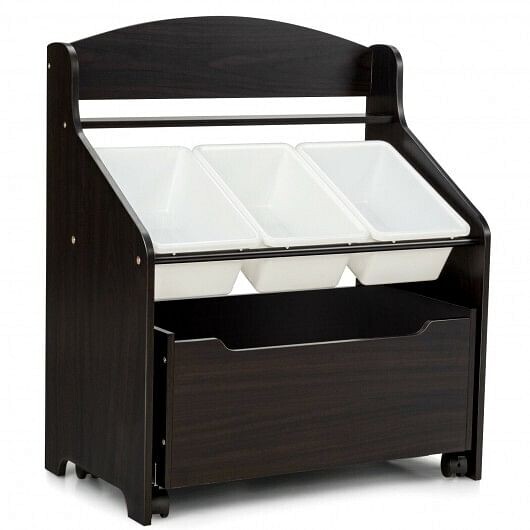 Kids Wooden Toy Storage Unit Organizer with Rolling Toy Box and Plastic ...