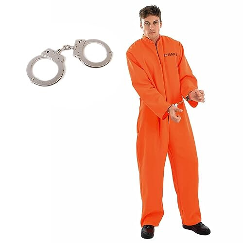 Mens Prisoner Costume Adults Criminal Inmate Orange Convict Boiler Suit ...