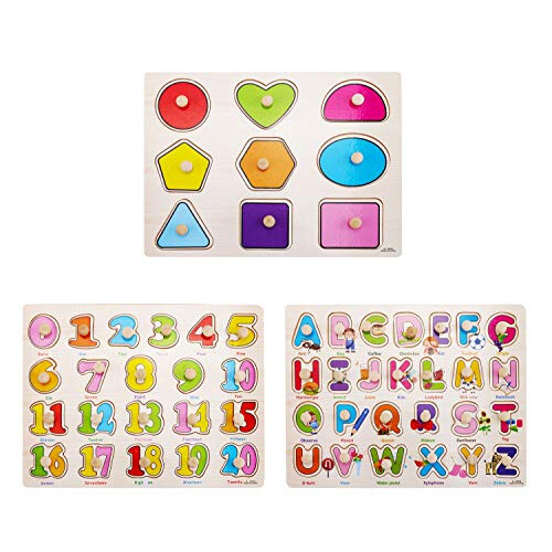 Set of 3 Toddler Puzzles Wooden Peg Puzzles for Toddlers Kids - Numbers, Alphabet and Objects ...