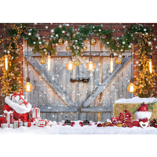 7x5ft Christmas Photography Backdrop Christmas Barn Door Backgrounds Winter Snow Forest Xmas ...