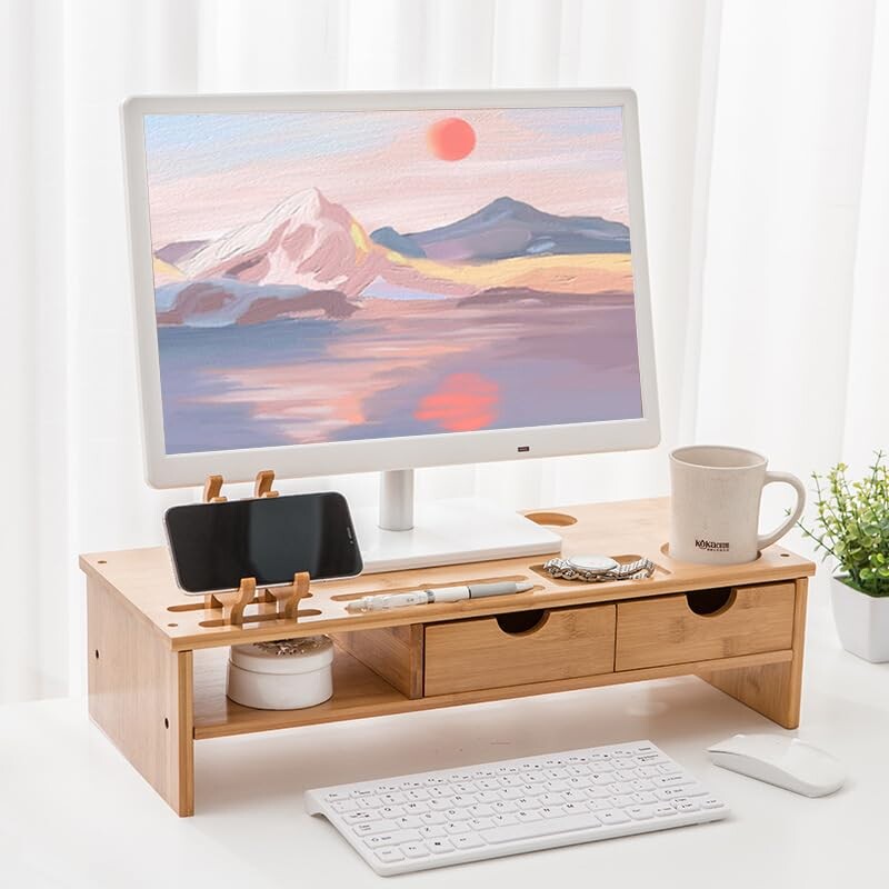 Bamboo Monitor Riser, Wooden Monitor Stand with Drawers, Wooden Laptop ...