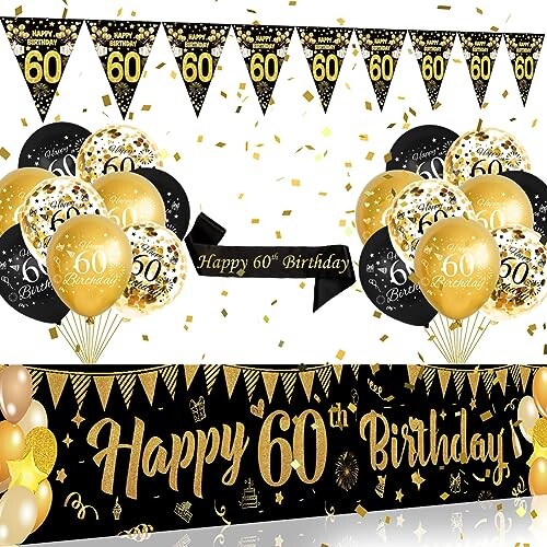 Black Gold 60th Happy Birthday Decorations Kit,Happy 60th Birthday Yard ...