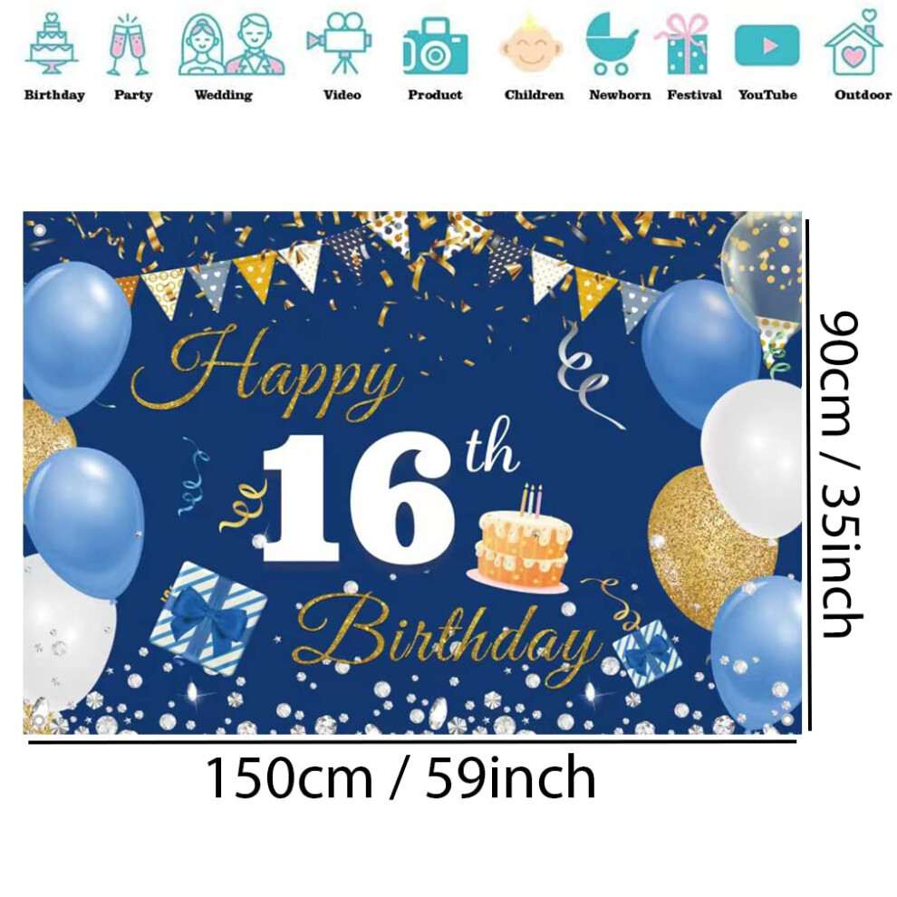 16th Birthday Decorations Happy 16th Birthday Backdrop Banner for Boys ...