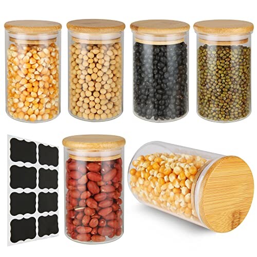 6 PCS Glass Storage Jars Set 300ml Small Spice Jars with Bamboo Wood ...