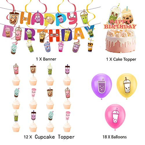 Bubble Tea Party Decorations Boba Tea Birthday Party Supplies Includes ...
