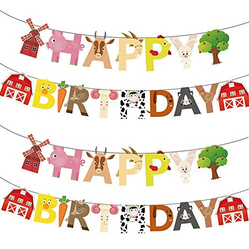 2 Pcs Happy Birthday Banner Sign Farm Animal Theme Party Banner ...