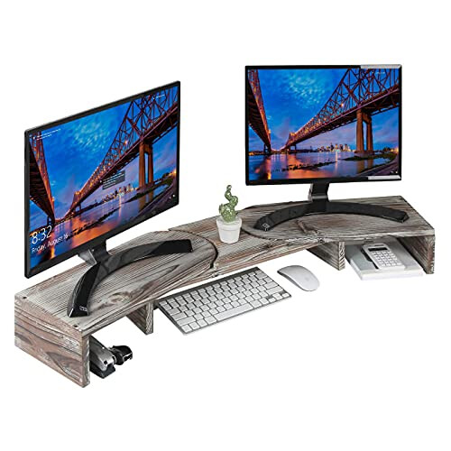 Rustic Wood Dual Monitor Stand with Adjustable Angle Riser 2 Monitors ...