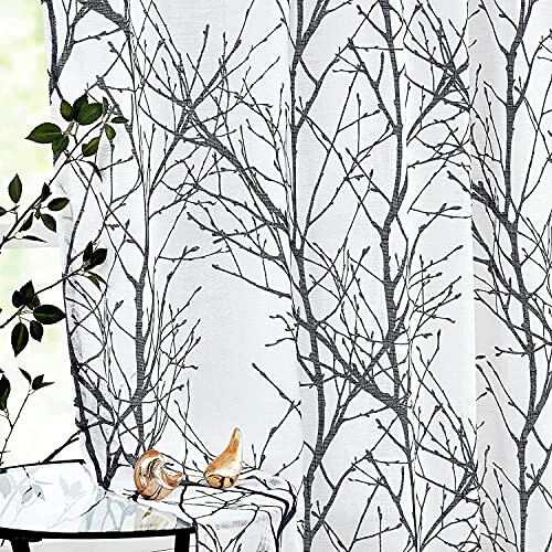 Tree Branch Semi -Sheer Curtain Set Living Room White and Black Sheer ...
