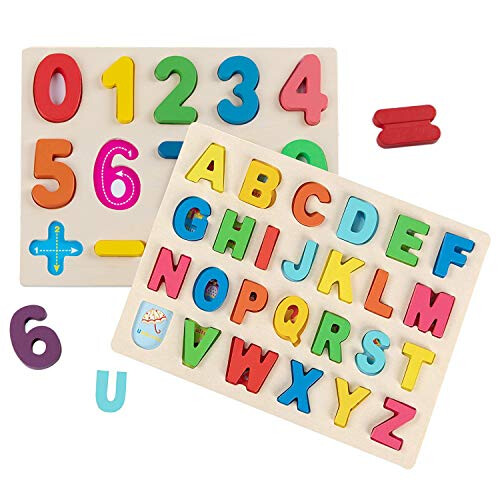 Wooden Puzzles Set, Alphabet ABC and Numbers Recognition Jigsaws Board ...