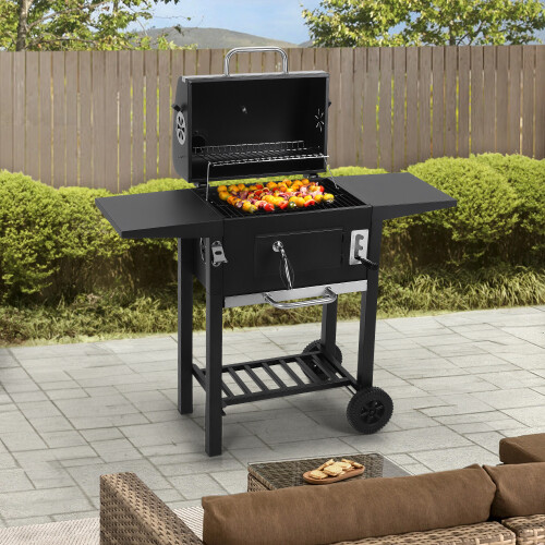 Outdoor Charcoal BBQ Grill with Lid Cover and Smoke Stack, Black on OnBuy