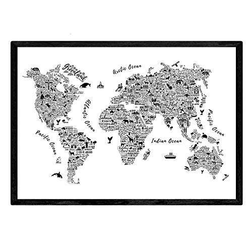 With typographic map poster white. Sheets with maps of the world. A3 ...