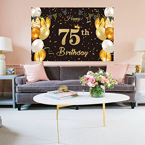 75th Birthday Banner, 75th Birthday Decorations Black Gold, 75th ...