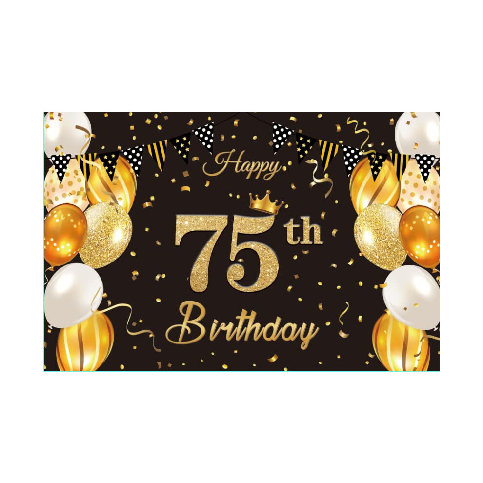 75th Birthday Banner, 75th Birthday Decorations Black Gold, 75th Birthday Backdrop Banner ...