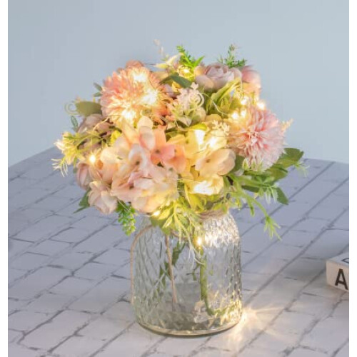 Artificial LED Pink Rose Flowers with Glass Vase, Remote Control Led ...