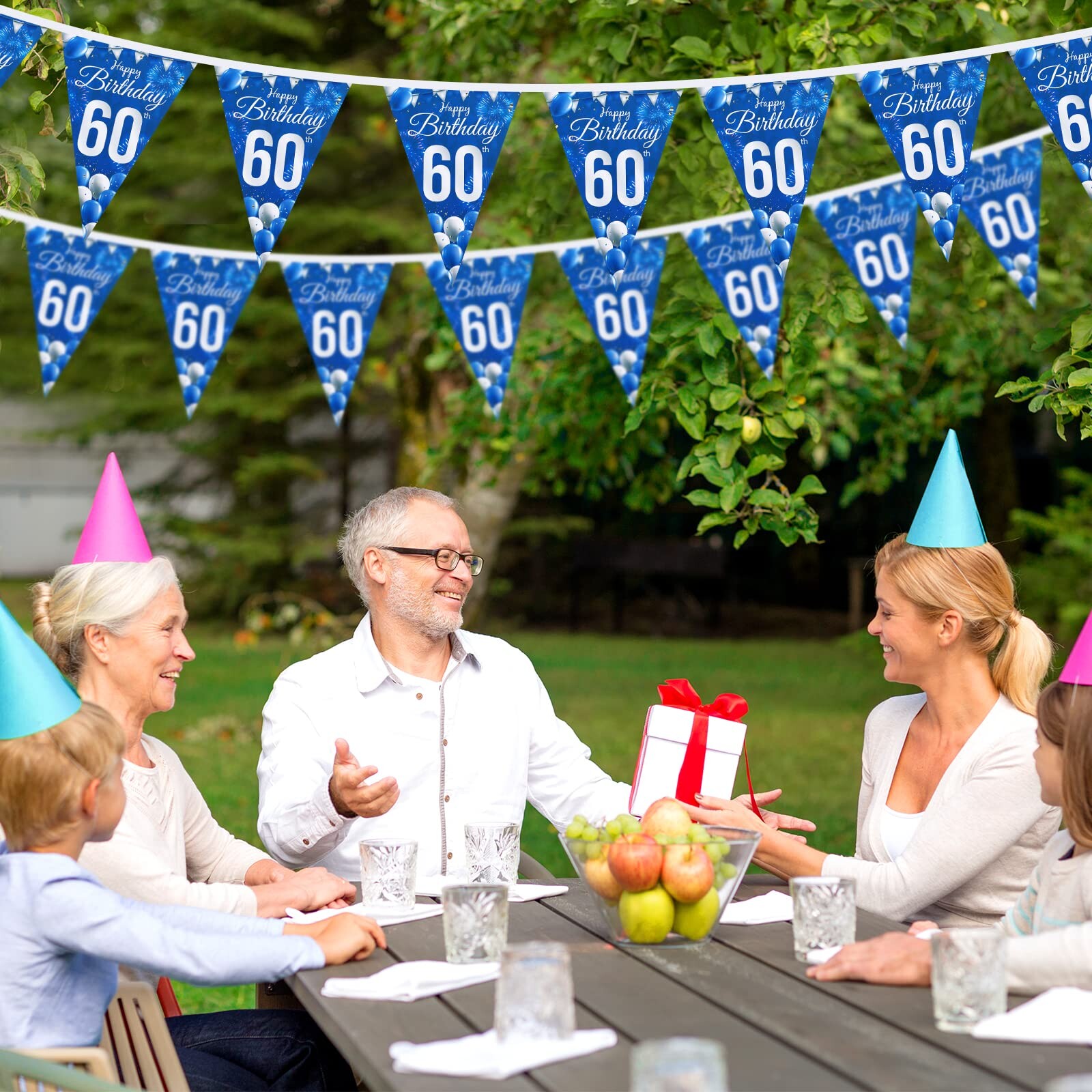 Navy Blue Happy 60th Birthday Bunting Flags, Blue 60th Birthday Party ...