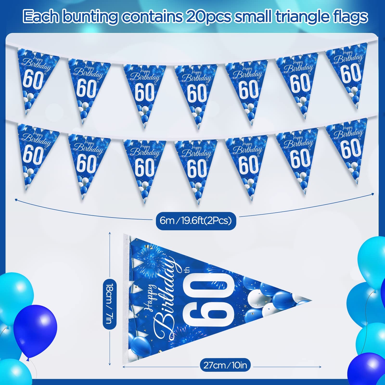 Navy Blue Happy 60th Birthday Bunting Flags, Blue 60th Birthday Party ...