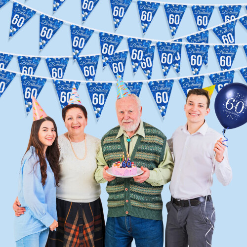 Navy Blue Happy 60th Birthday Bunting Flags, Blue 60th Birthday Party ...