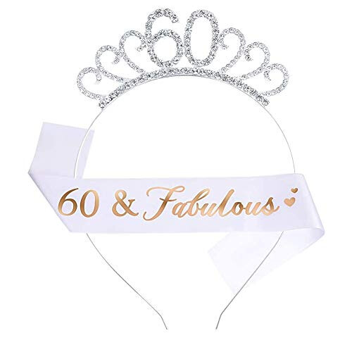 60th Birthday Tiara and Sash, 60 Fabulous Glitter Satin Sash and Crystal Tiara Birthday Crown ...