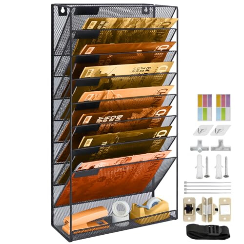 9 Tier Hanging Wall File Holder, Metal Mesh Magazine Rack, A4 Wall ...